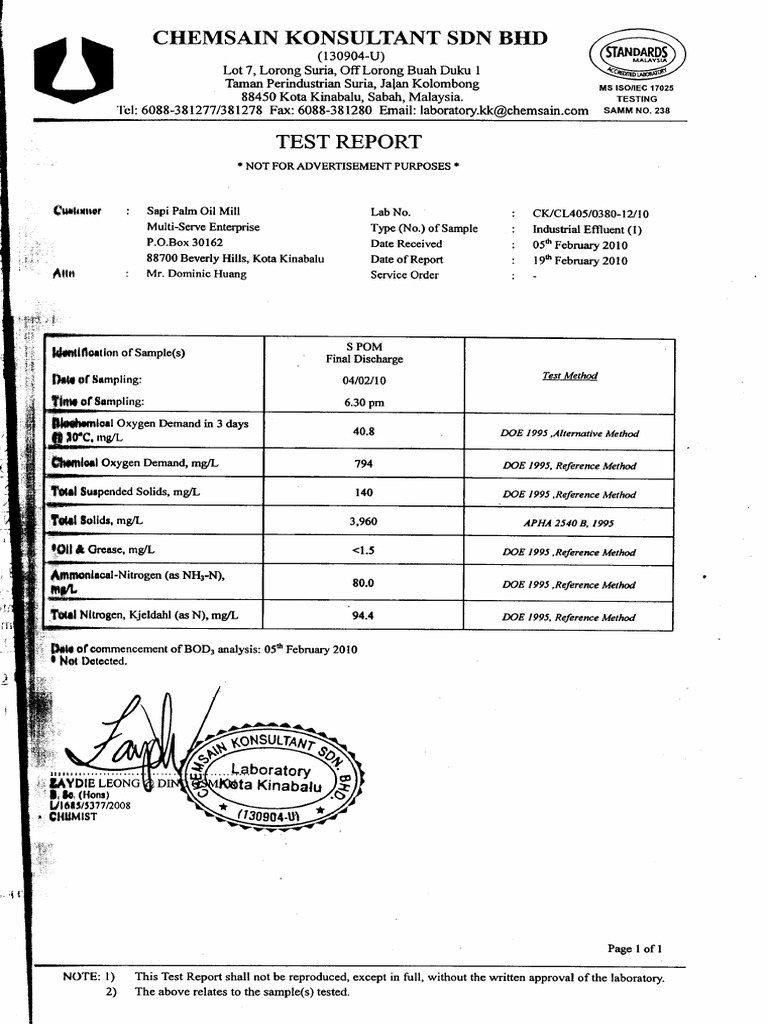 Test Report: Chemsain Konsultant SDN BHD | PDF