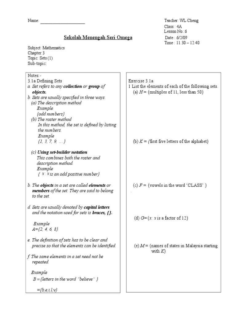 Chapter 3 Sets (1) - 4A | Download Free PDF | Empty Set | Integer