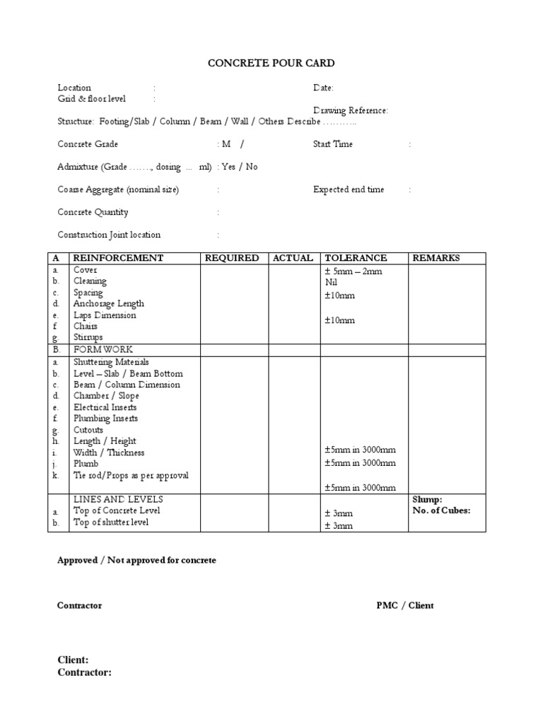 Concrete Pour Card: A Reinforcement Required Actual Tolerance Remarks | PDF