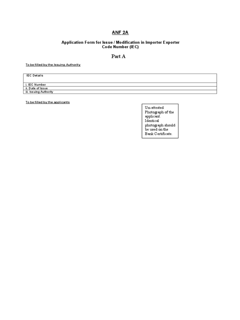 Part A: Application Form For Issue / Modification in Importer Exporter Code Number (IEC) | PDF ...