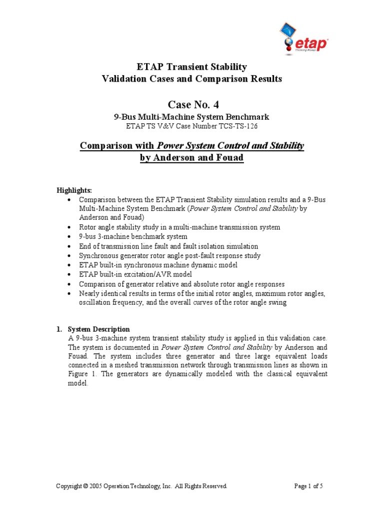 Case No. 4: ETAP Transient Stability Validation Cases and Comparison ...