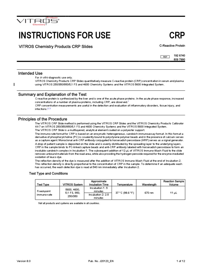 Instructions For Use CRP: VITROS Chemistry Products CRP Slides | PDF ...