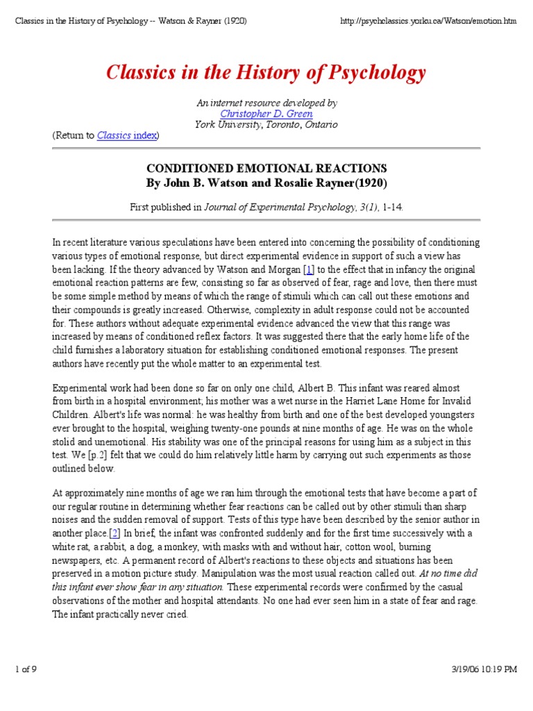Watson and Raynor 1920 | Classical Conditioning | Emotions