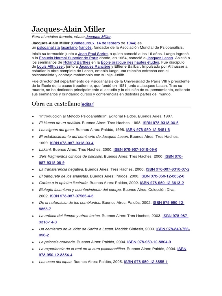 Jacques Alain Miller | PDF | Teoría psicoanalítica | Psicoanálisis