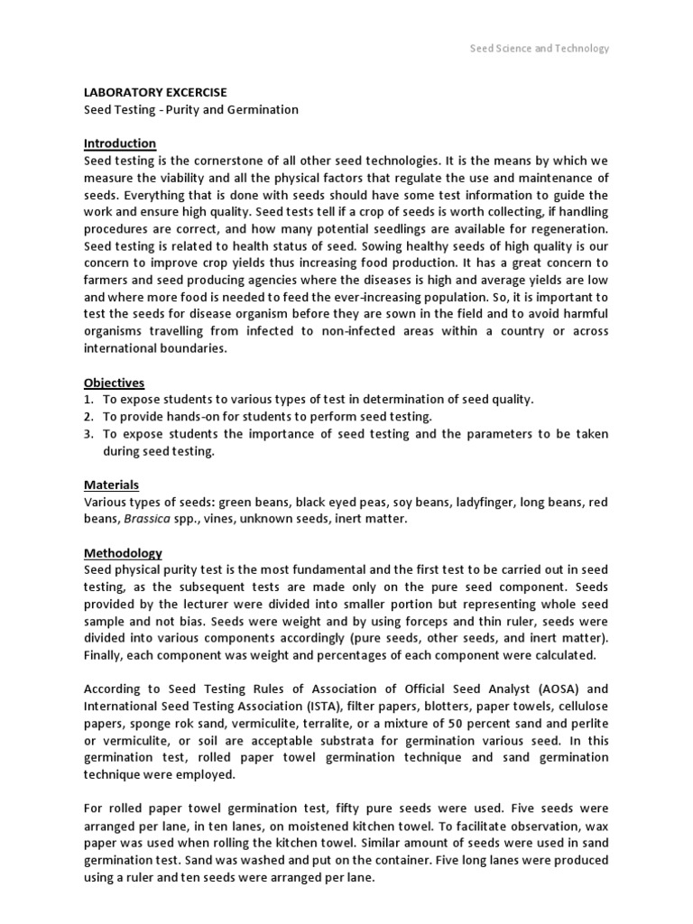 Seed Testing: Purity and Germination Methods | PDF | Seed | Germination