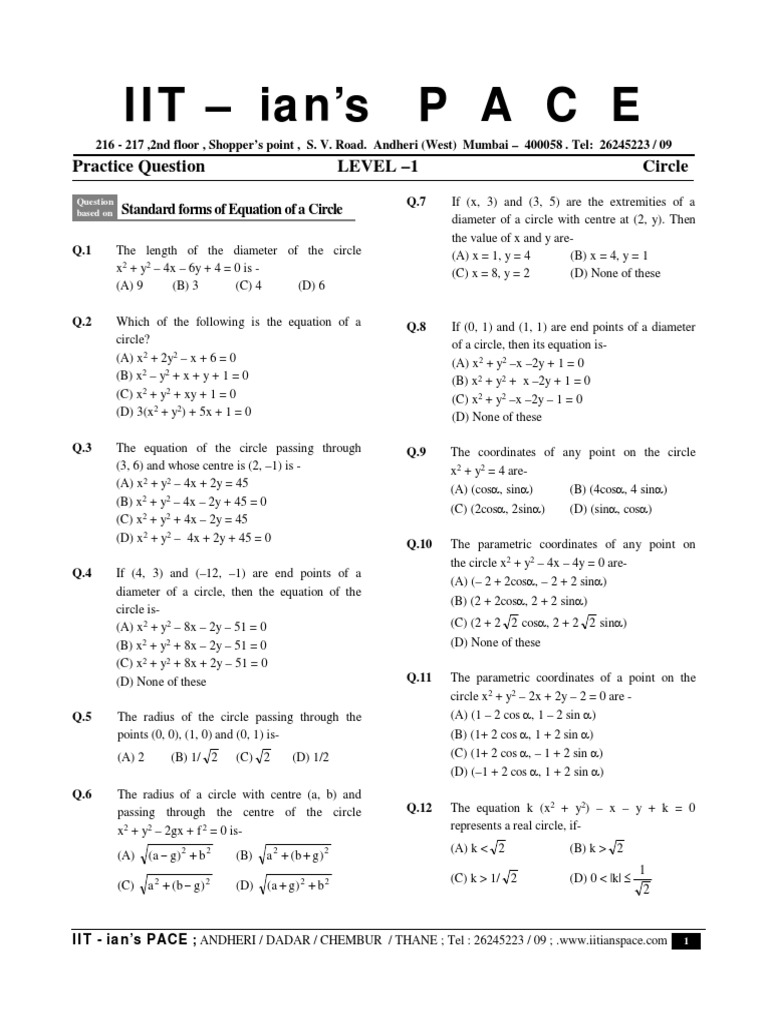 Circle Equation Practice Questions | PDF | Circle | Perpendicular