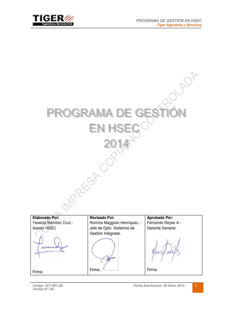 Dct-001.Qd Programa de Gestion Hsec 2014 | PDF | Derecho laboral | La seguridad
