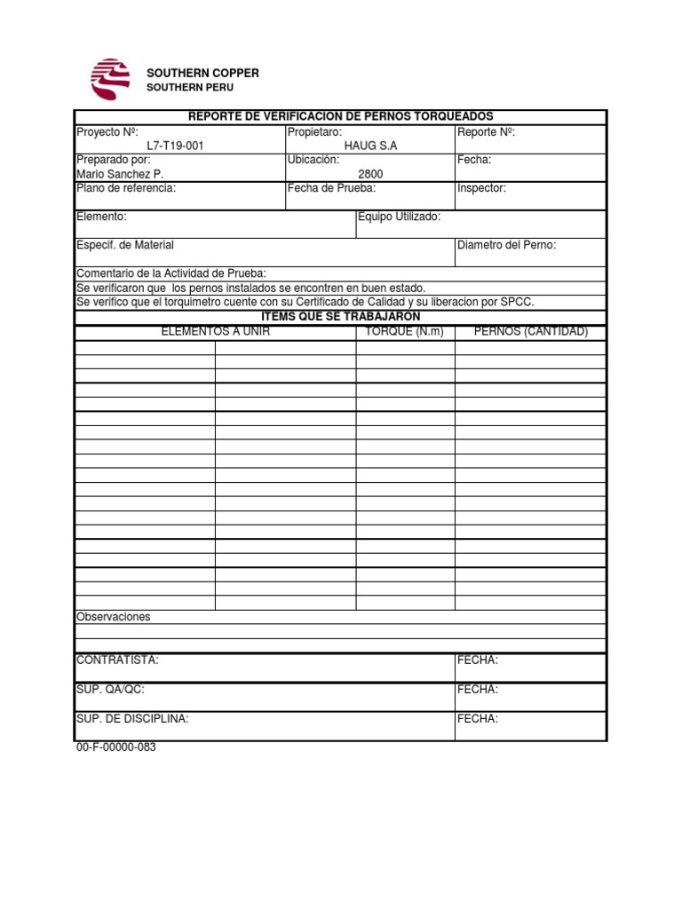 2800 Registro de Torque Pernos-PROTOCOLO | PDF