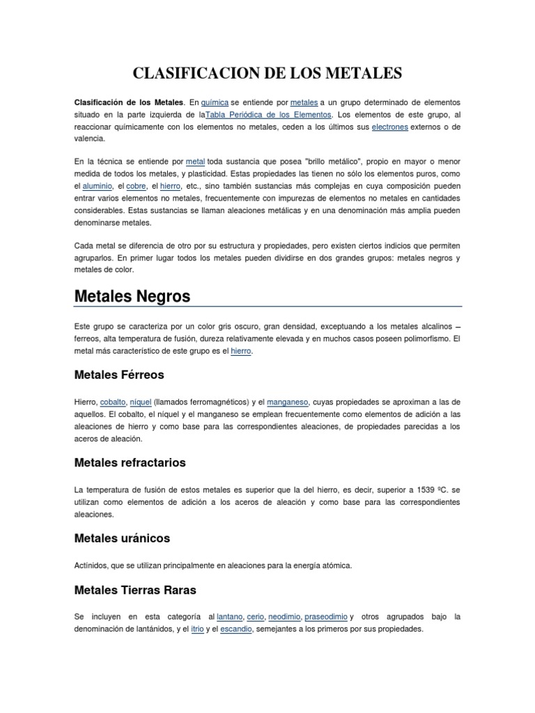 Clasificacion de Los Metales | PDF | Rieles | Hierro