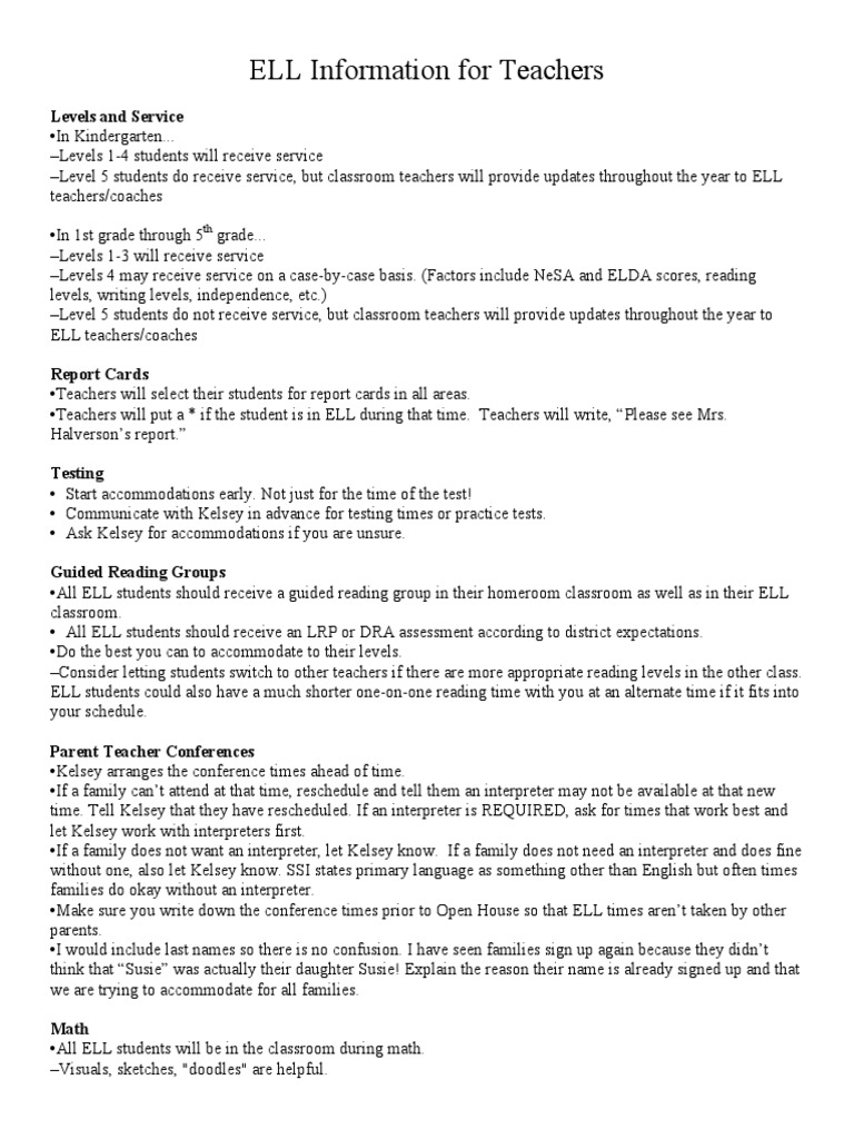 Ell Information For Teachers | PDF | Homework | Language Interpretation