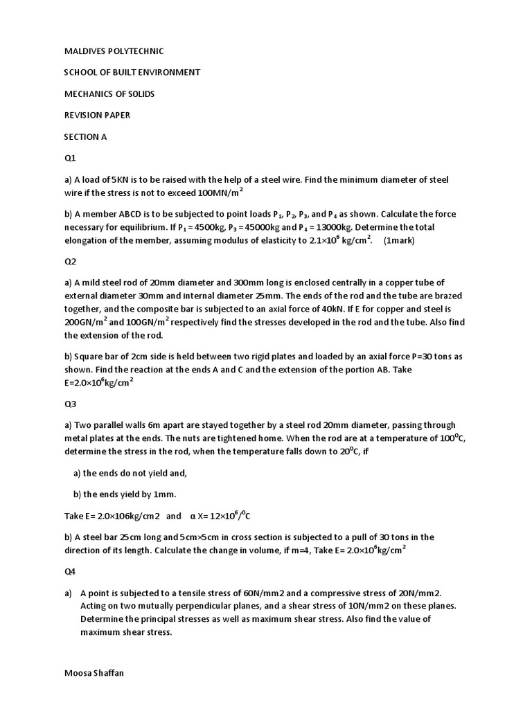 Solid Mechanics Worksheet | PDF | Bending | Beam (Structure)