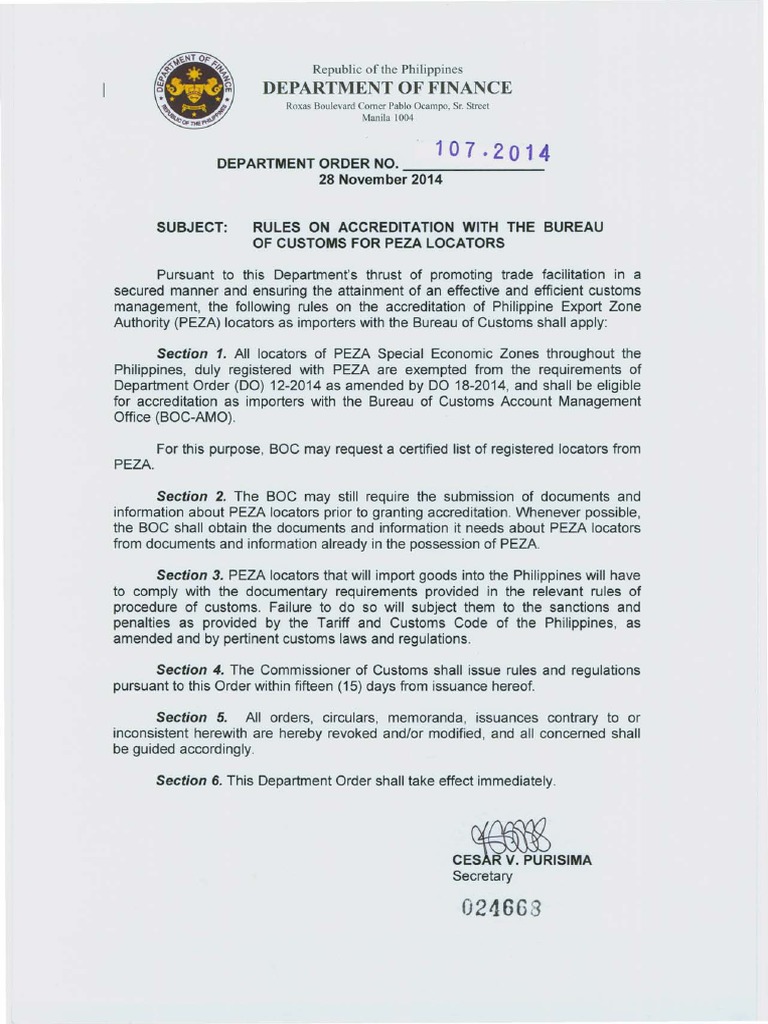 DOF Order 107-2014 BOC Accreditation For PEZA Locators | PDF