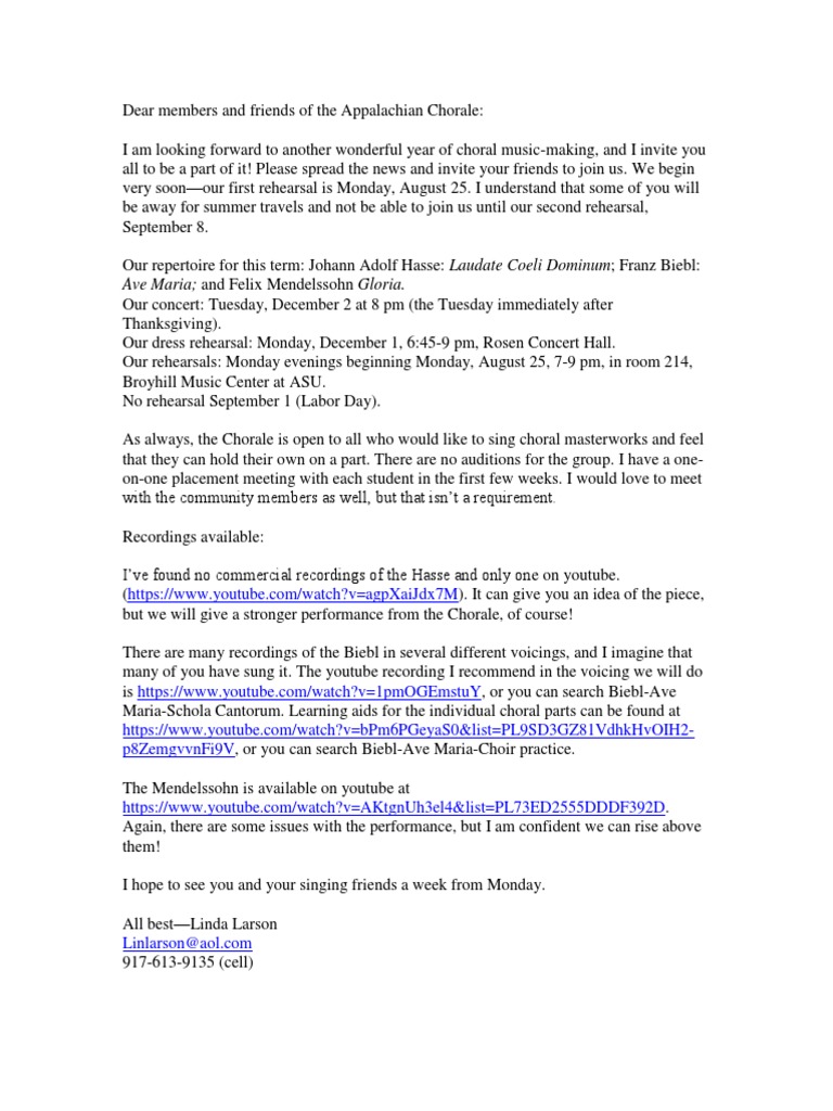 Appalachian Chorale Fall Rehearsal Info | PDF