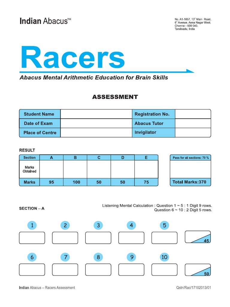 Indian Abacus Racers Question Paper - 4th Level-Free | PDF ...
