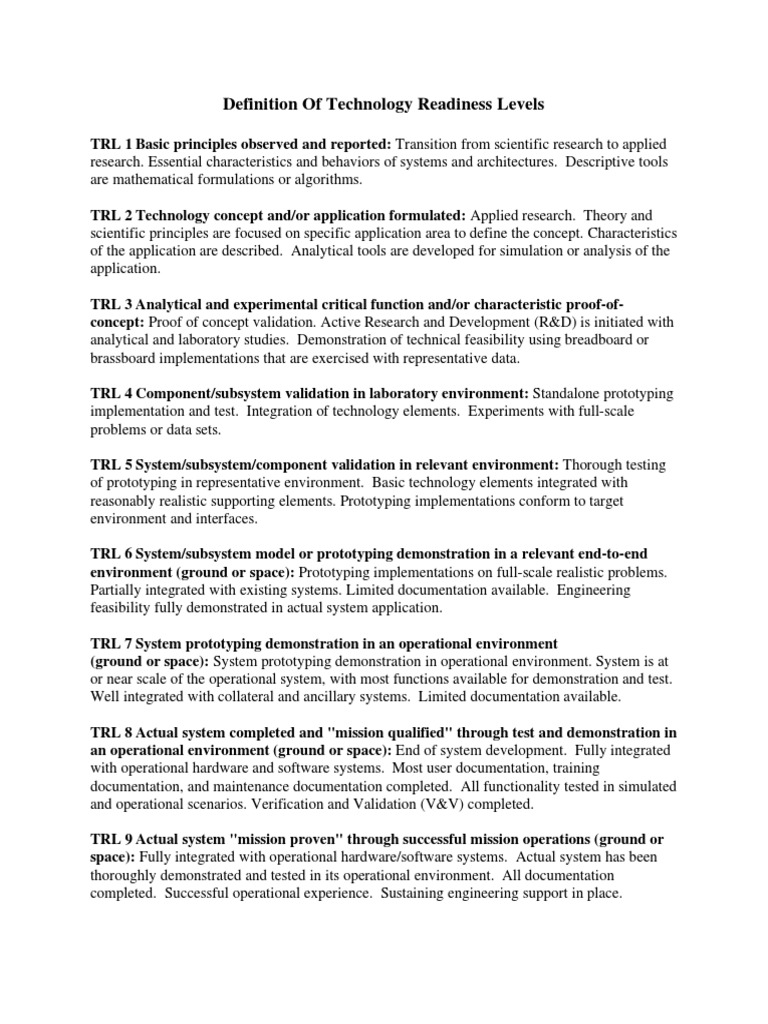 TRL Definitions PDF | PDF | Technology & Engineering