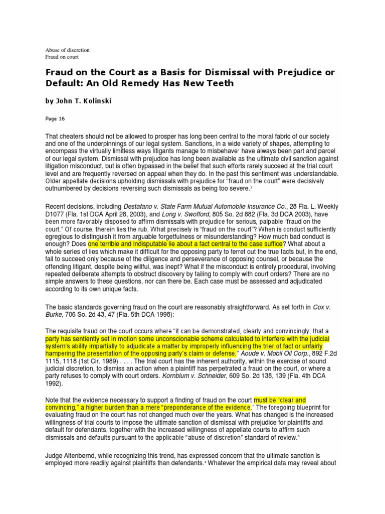 Abuse of Discretion - Fraud On Court - Dismiss W Prej | PDF | Evidence ...