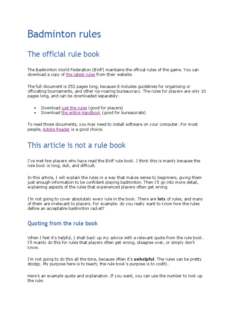 Badminton Rules | PDF | Volleyball | Racquet Sports
