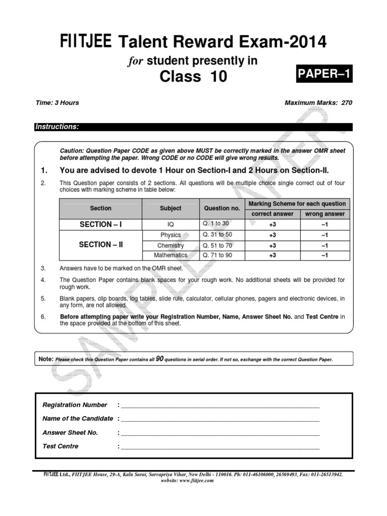 Ftre 2014 Sample Paper Class 10 Paper 1 | PDF | Lens (Optics) | Chemistry