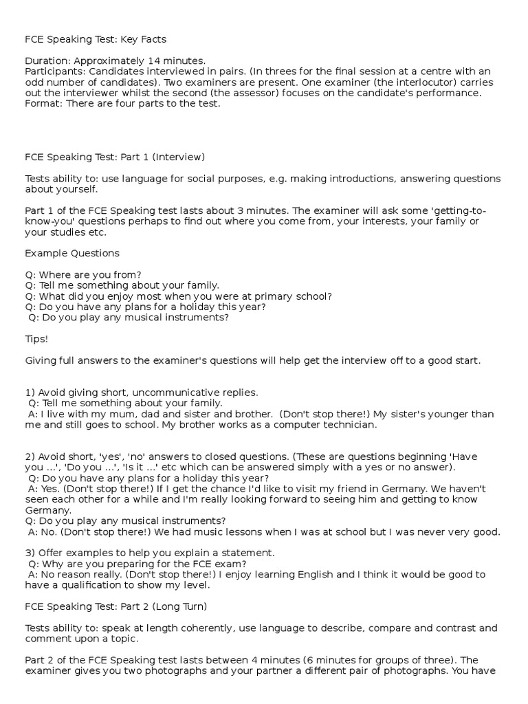 FCE Speaking Test | PDF | Test (Assessment) | Cognition