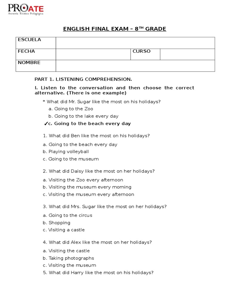 English Final Exam - 8th Grade | PDF | Leisure