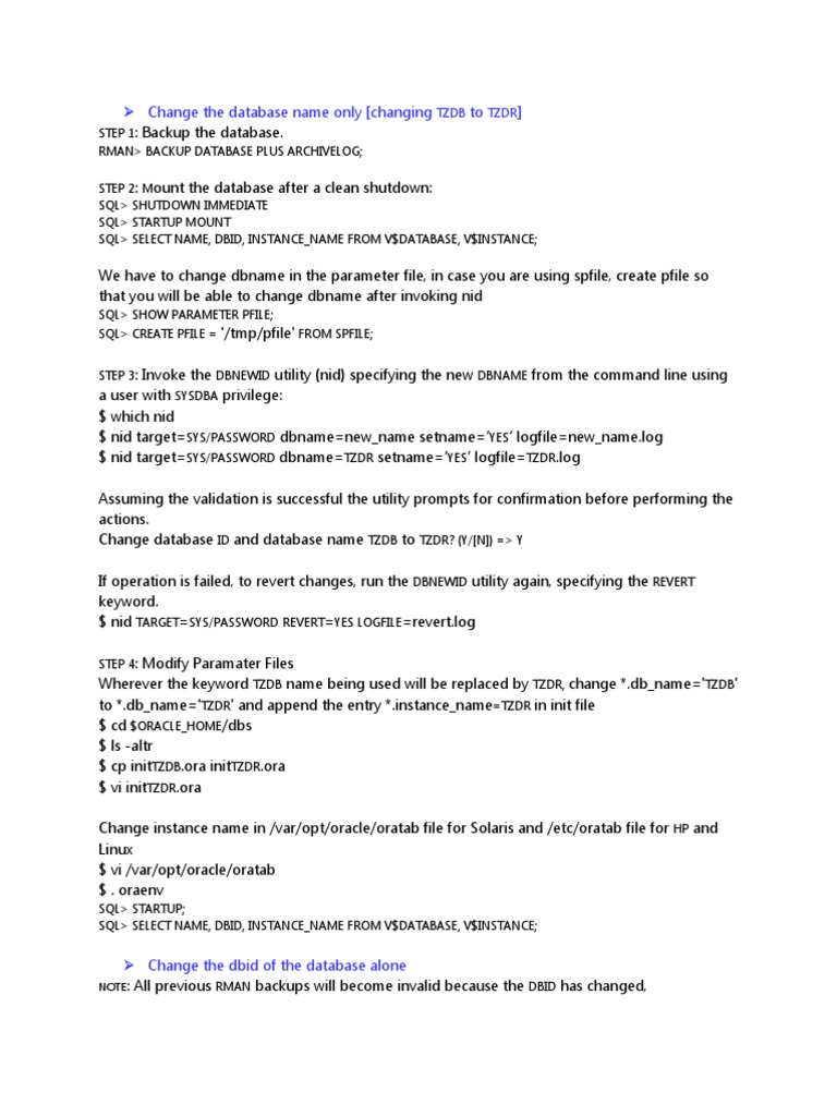 Oracle DB Name & ID Change Guide | PDF | Oracle Database | Command Line ...
