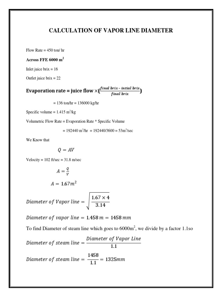 Calculation Vapour Line Diameter | PDF