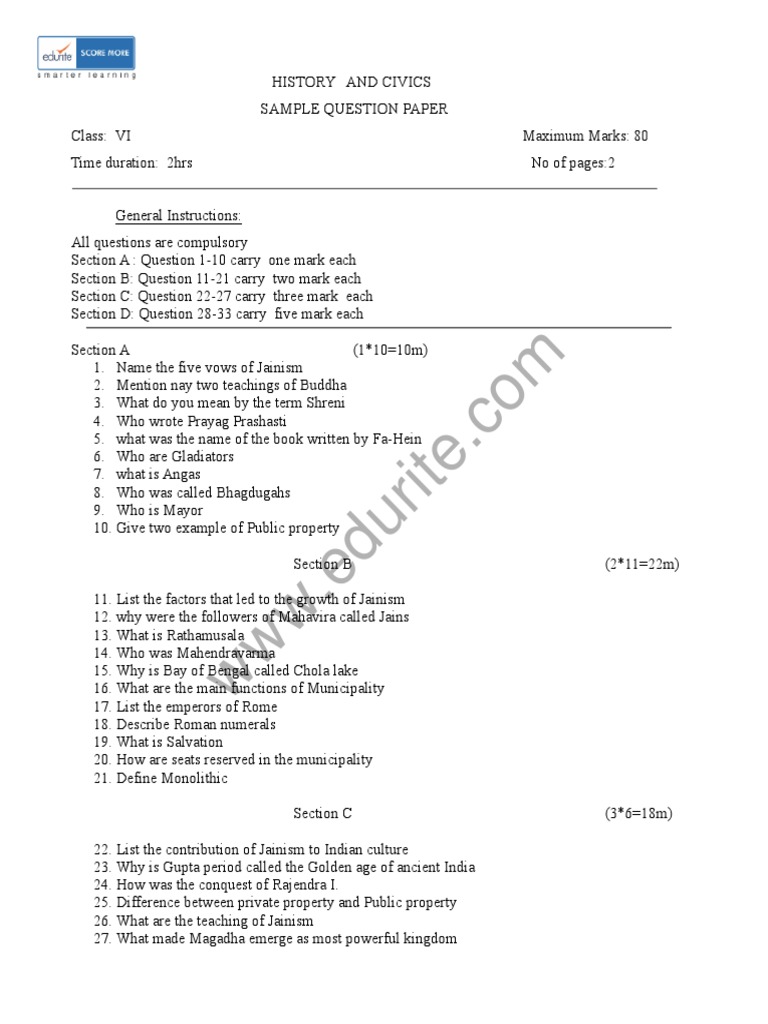 Class 6 ICSE History & Civics Sample Paper Term 2 Model 2 | PDF ...