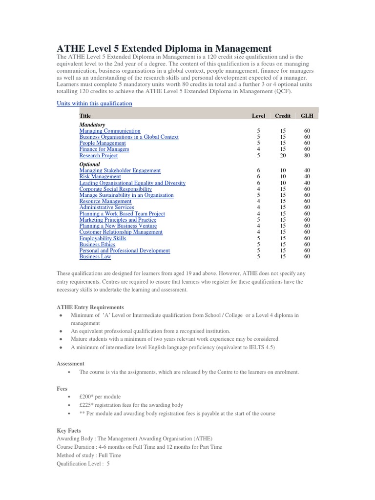 ATHE Level 5 Extended Diploma in Management | PDF | Diploma | Corporate ...