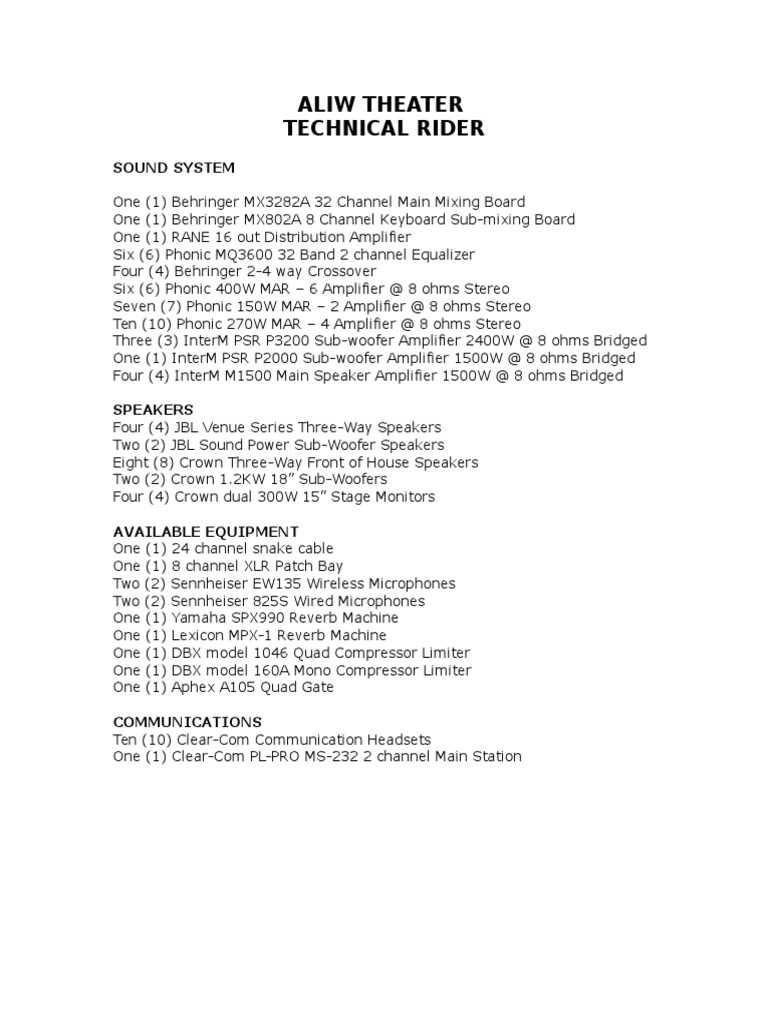 Aliw Theater Tech Rider | PDF