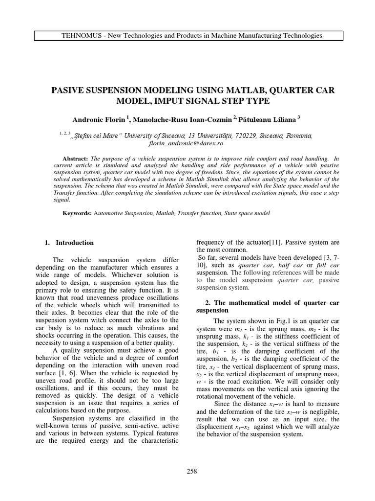 Passive Suspoension Modeling Using Matlab Quarter Car Model Imput Isngal Step Type | Download ...