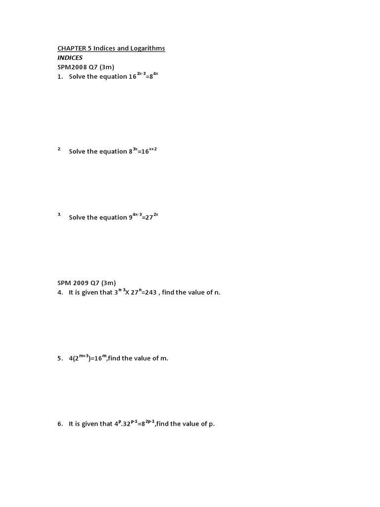 Math Problems: Indices & Logarithms | PDF | Equations | Logical Truth
