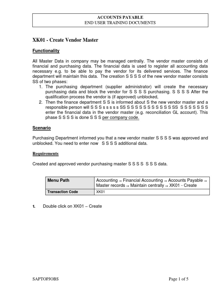 XK01 Create Vendor Master | PDF