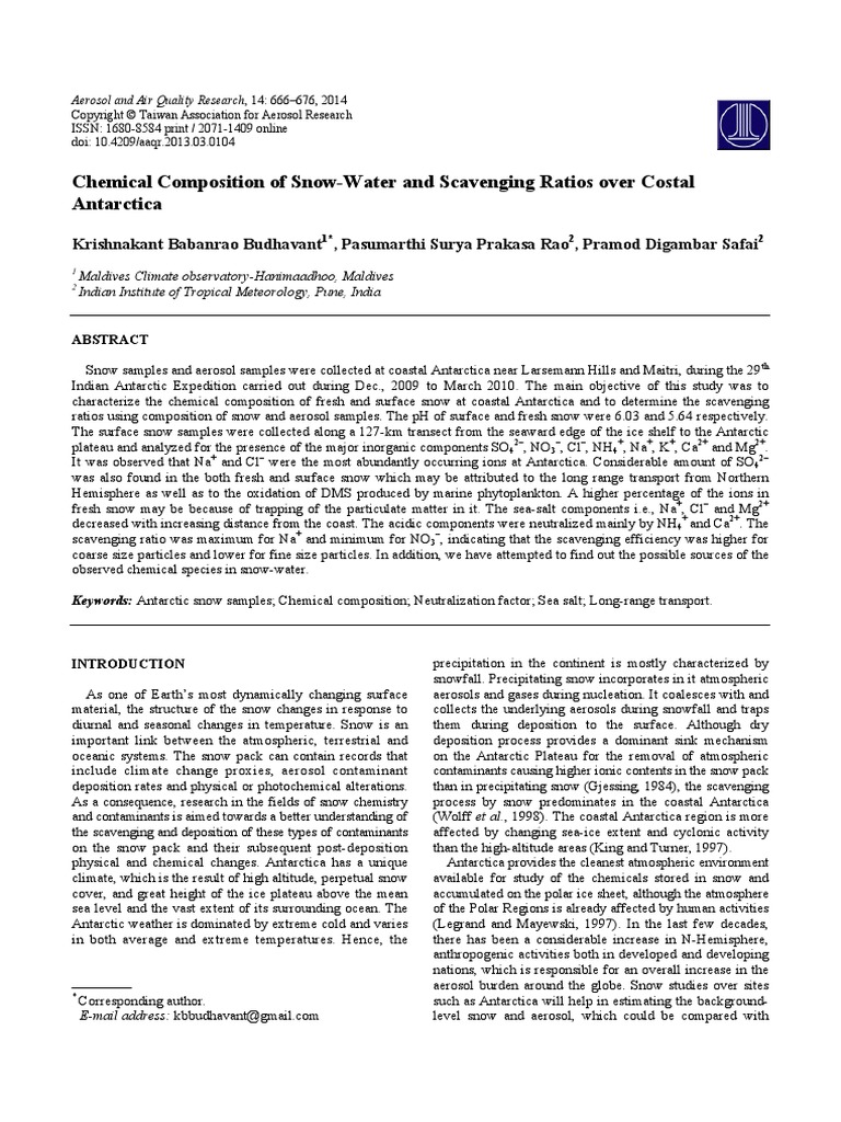 Chemical Composition of Snow-Water and Scavenging Ratios Over Coastal ...