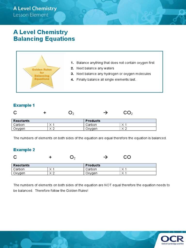 A Level Chemistry Balancing Equations: C + O Co | PDF