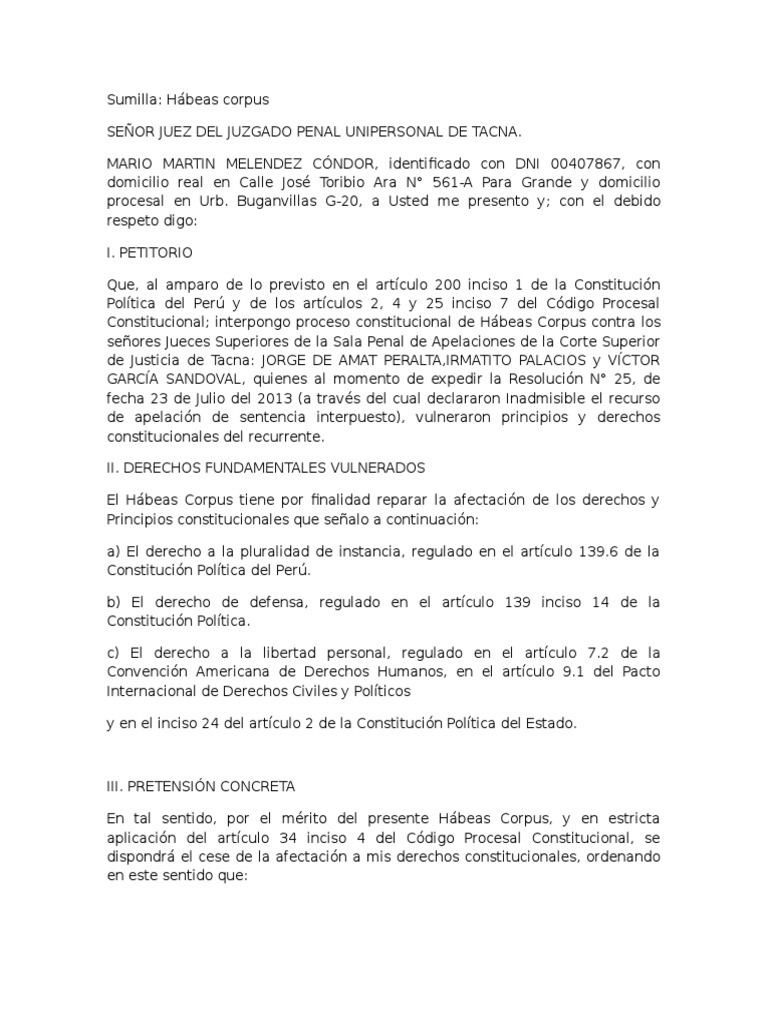 Habeas Corpus Contra Resolución Judicial | PDF | Habeas corpus | Caso ... Habeas Corpus Contra Resolución Judicial | PDF | Habeas corpus | Caso ...