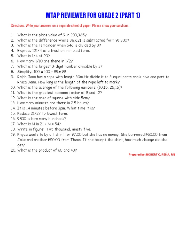 MTAP Reviewer For Grade 2 | Download Free PDF | Notation | Teaching ...
