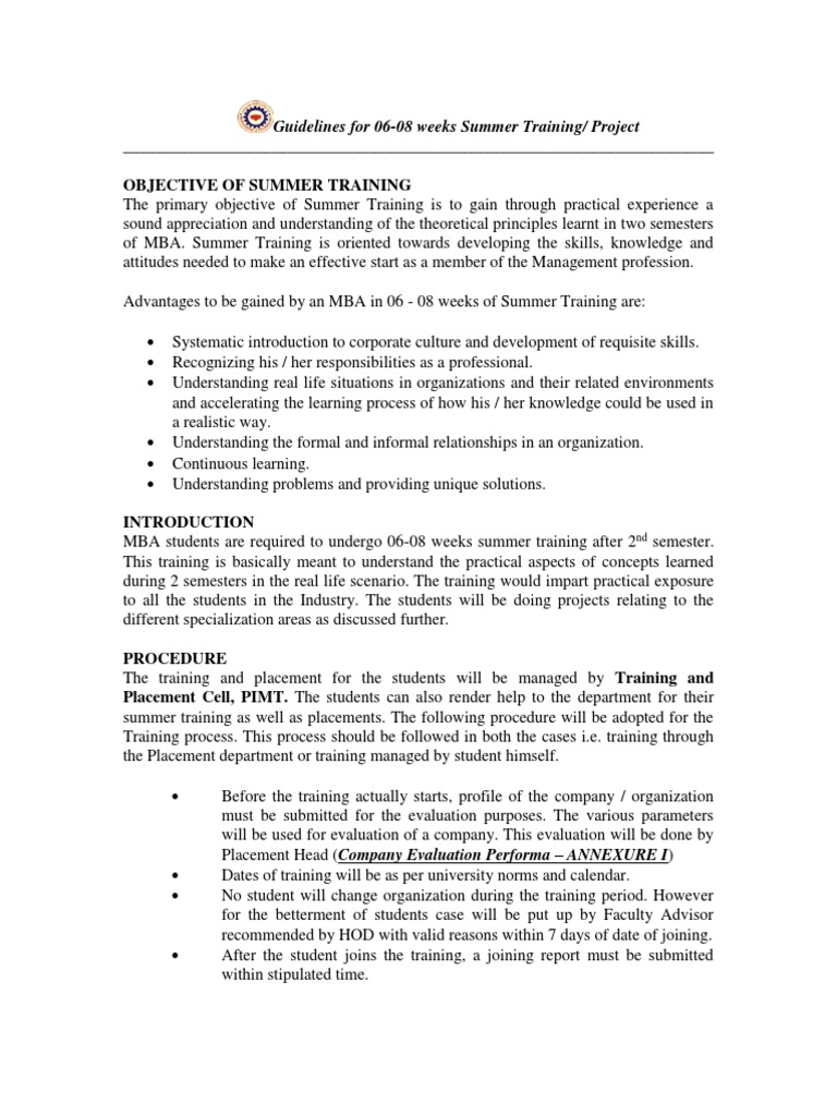 Summer Training Guidelines for MBA Students | PDF | Master Of Business ...