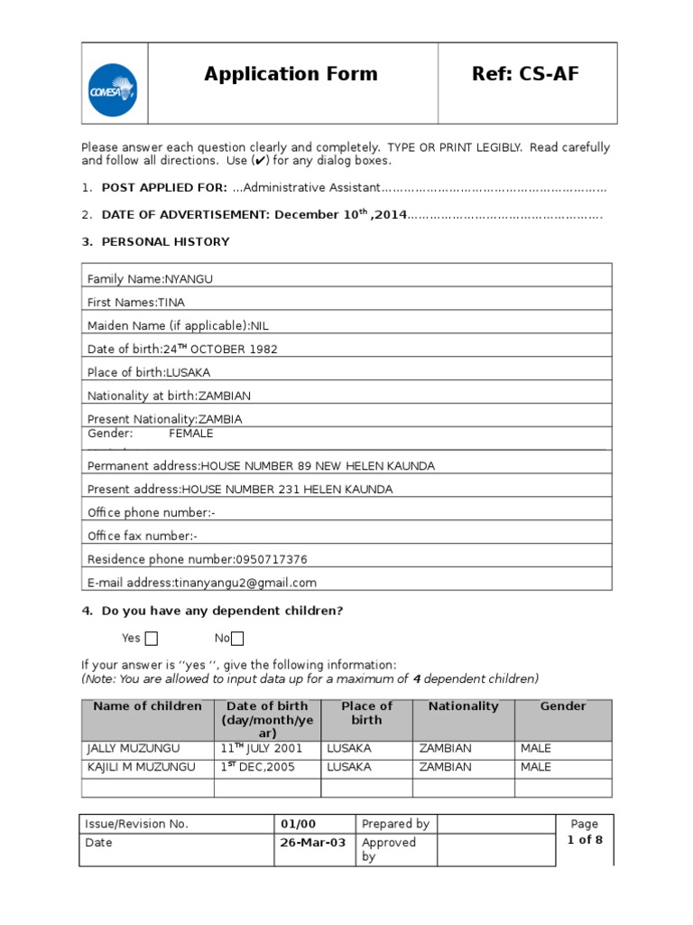 COMESA Job Application Form | PDF | Zambia | Employment