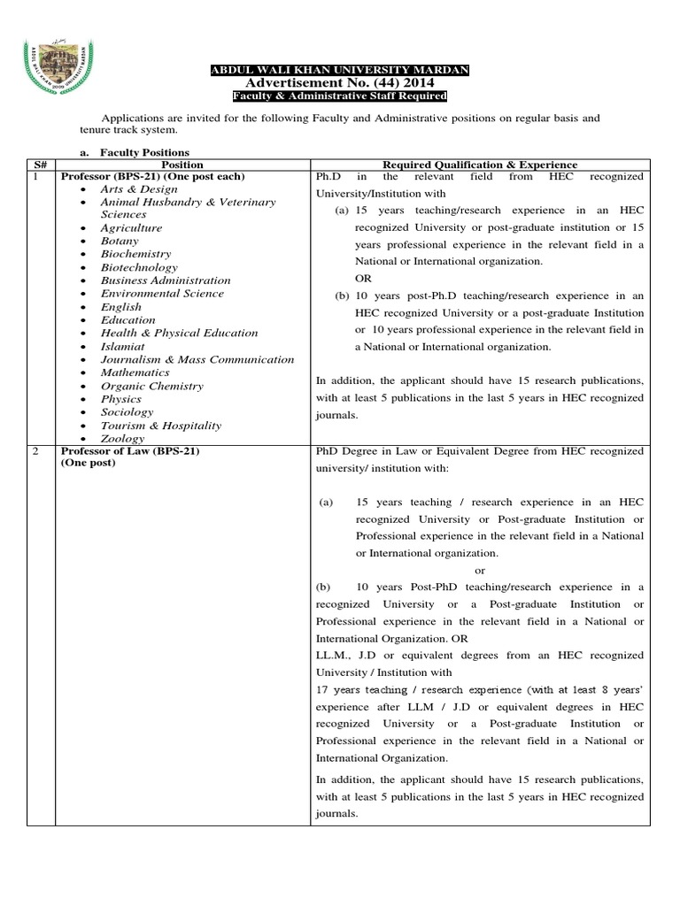 AWKUM Advertisment No 44 PDF | PDF | Academic Degree | Master Of Science