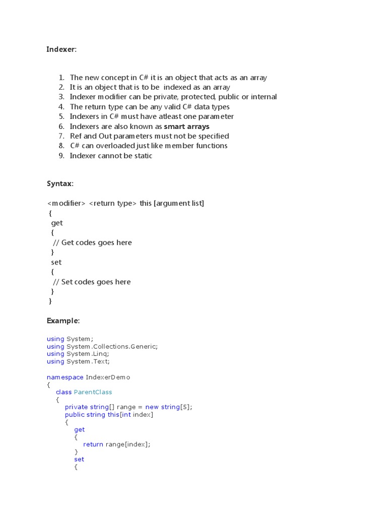 C# Indexer: How to Create and Use Indexers in C | PDF | C Sharp (Programming Language ...