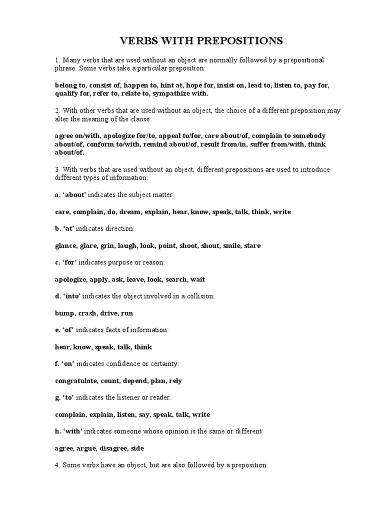 Verbs With Prepositions | PDF | Object (Grammar) | Preposition And ...
