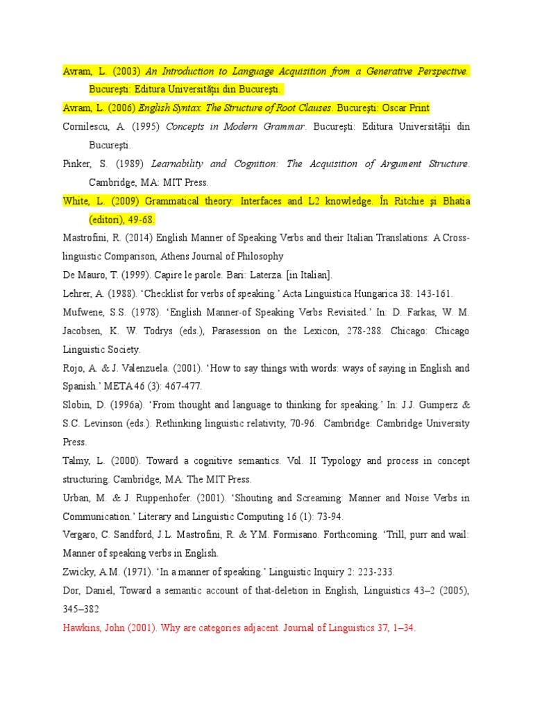 Manner of Speaking Verbs Bibliography | PDF | English Language | Syntax