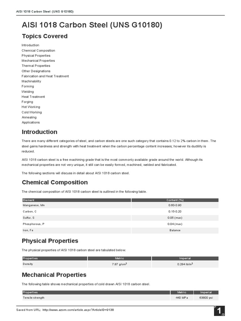 Aisi 1018 Carbon Steel (Uns g10180) | PDF | Heat Treating | Annealing ...