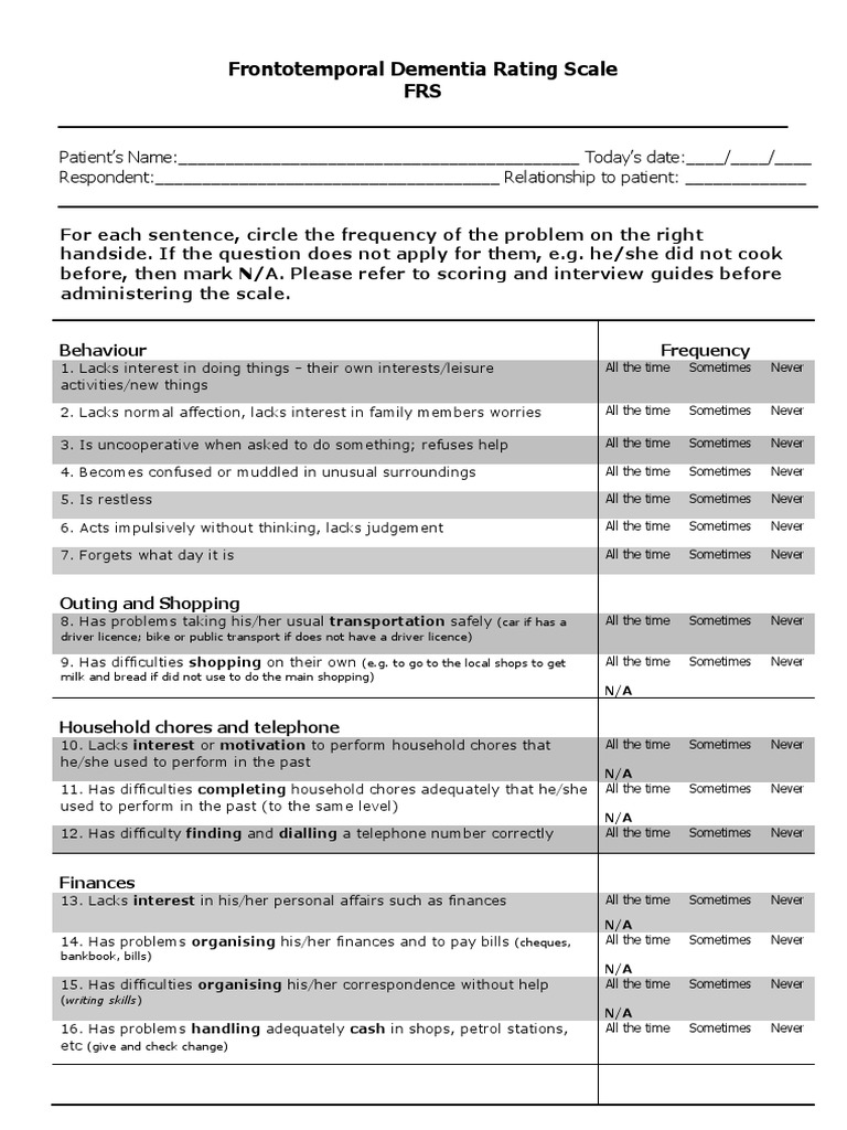Frontotemporal Dementia Rating Scale FRS | PDF | Meal | Eating