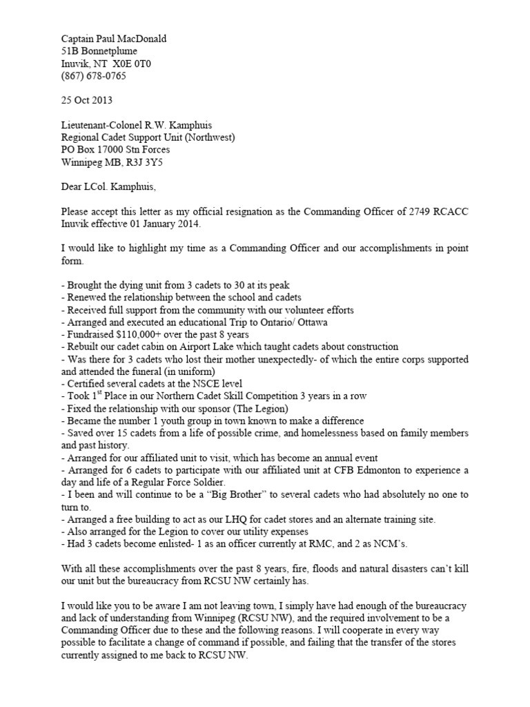 Resignation Letter of CO, 2749 RCACC | PDF | Cadet