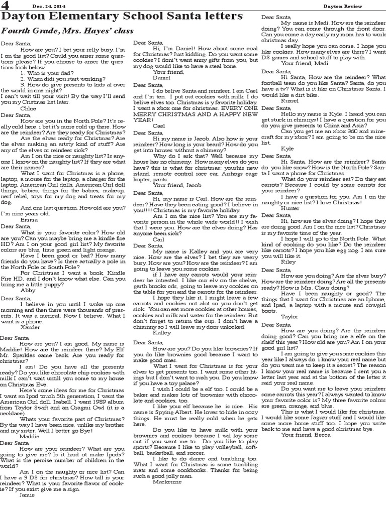 Fourth Grade, Mrs. Hayes' Class | PDF | Santa Claus | Christmas