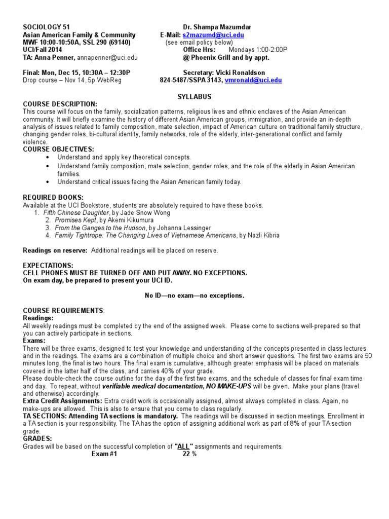 AA Family Soc 51 Syllabus.f14 | PDF | Test (Assessment) | Sociology