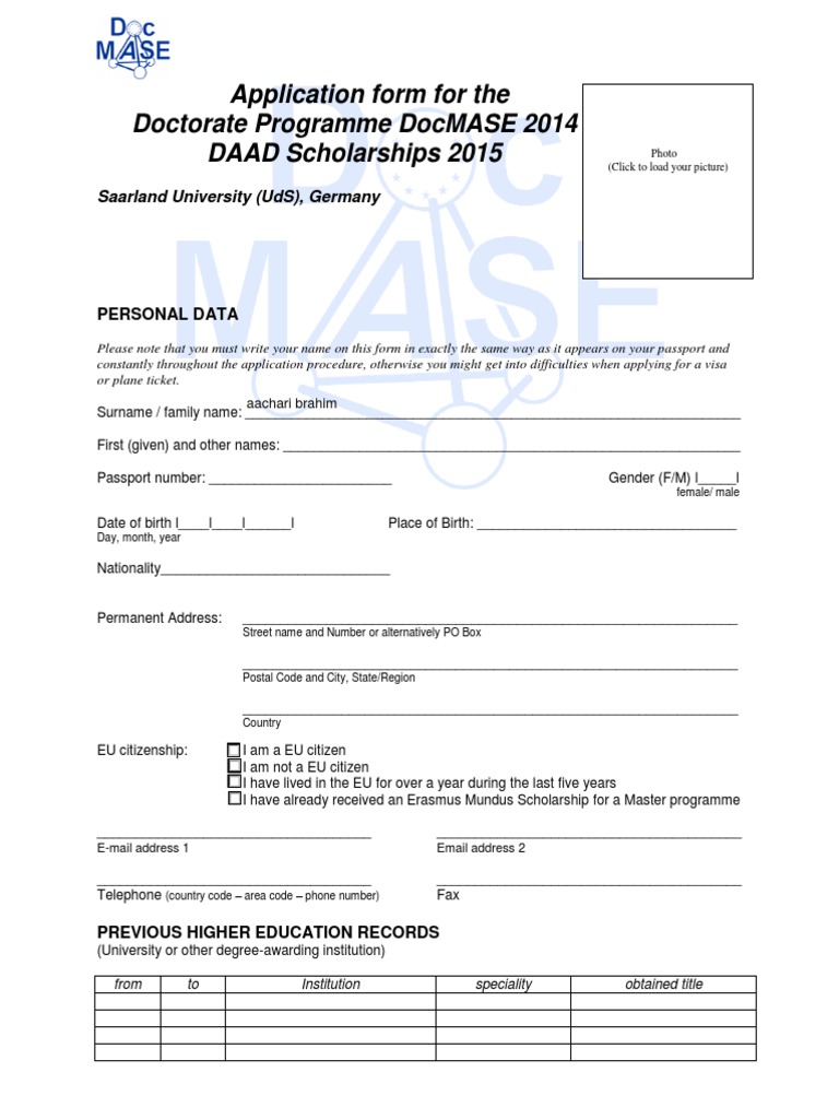 Application Form For The Doctorate Programme Docmase 2014 Daad ...