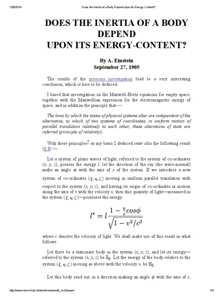Does The Inertia of A Body Depend Upon Its Energy-Content | PDF ...