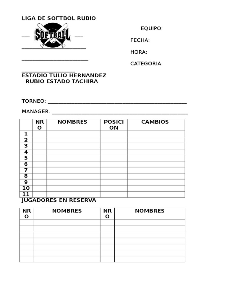 Formato de Line Up para Softbol | PDF